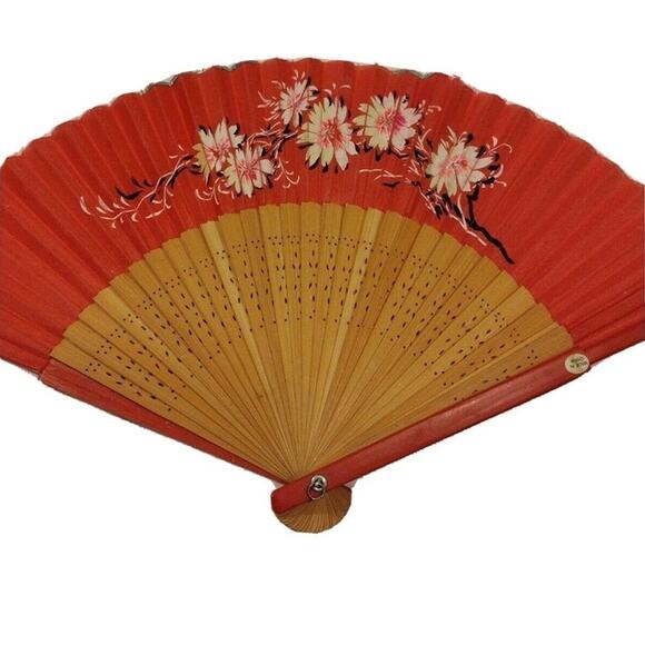 Vintage | Accessories | 96s Red Asian Hand Fan Cherry Blossom Art Paper ...